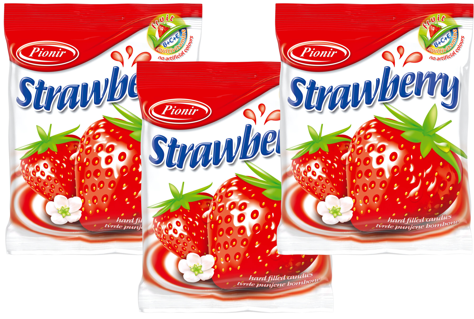 Конфеты леденцовые со вкусом клубники, обогащенные витаминами B+C+E Pionir STRAWBERRY (Сербия) 100 гр. х 3 шт.