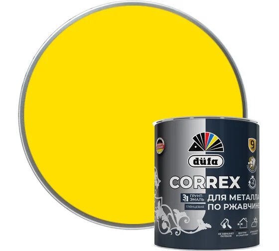 Dufa Грунт-эмаль по ржавчине гладкая Correx 3 в 1 RAL-1021 желтый 0,75 л