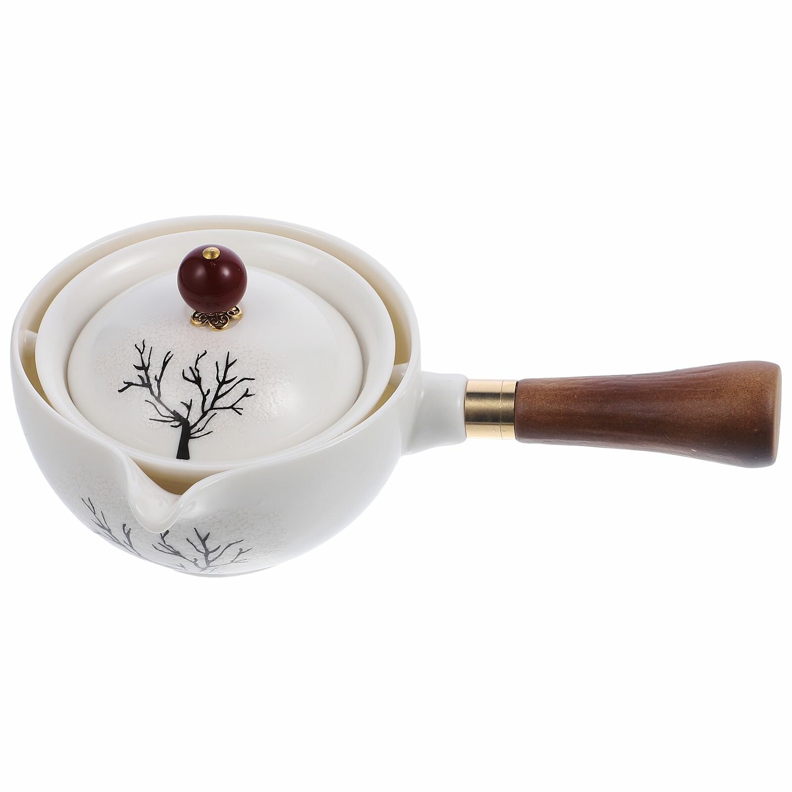 Чайник для заваривания из керамики с деревянной ручкой и росписью сакуры для дома