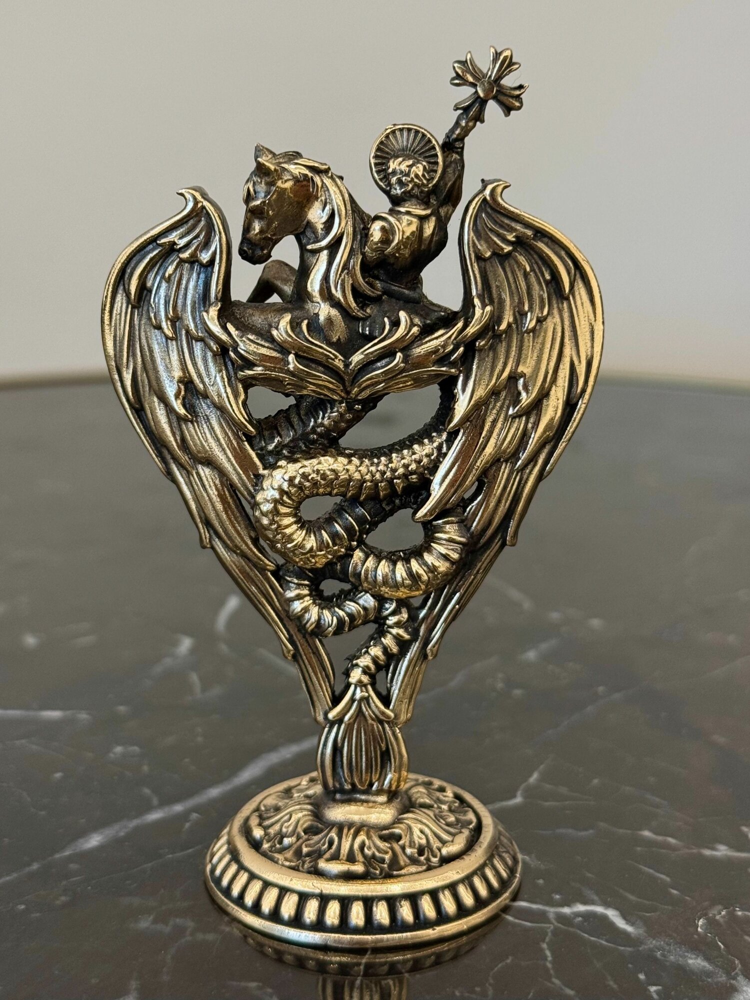 Статуэтка Георгий Победоносец крылья, для интерьера и декора, сувенир подарочный, бронзовое литье