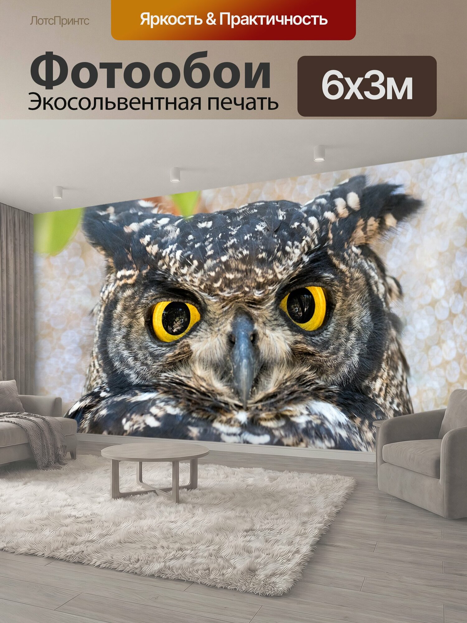 Фотообои "Пятнистый филин, сова, птица" 600x300 см. экосольвентная печать