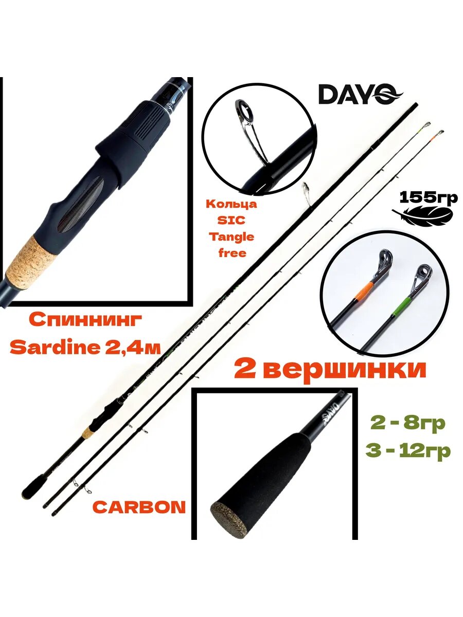Спиннинг Dayo Sardine 2,4м, две вершинки 2-8/3-12гр / на окуня / на судака / на щуку