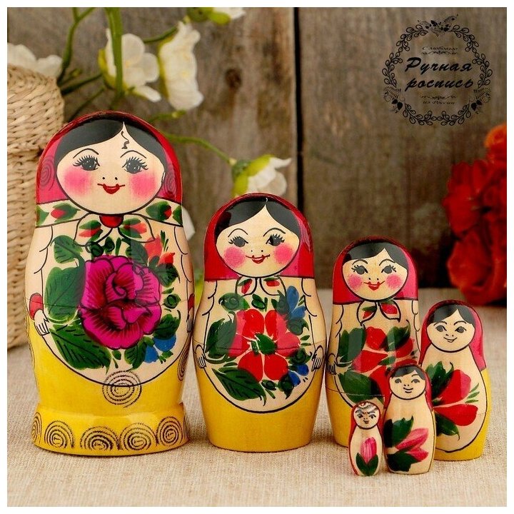 Матрёшка Семёновская , красный платок, 6 кукольная, 12-14 см