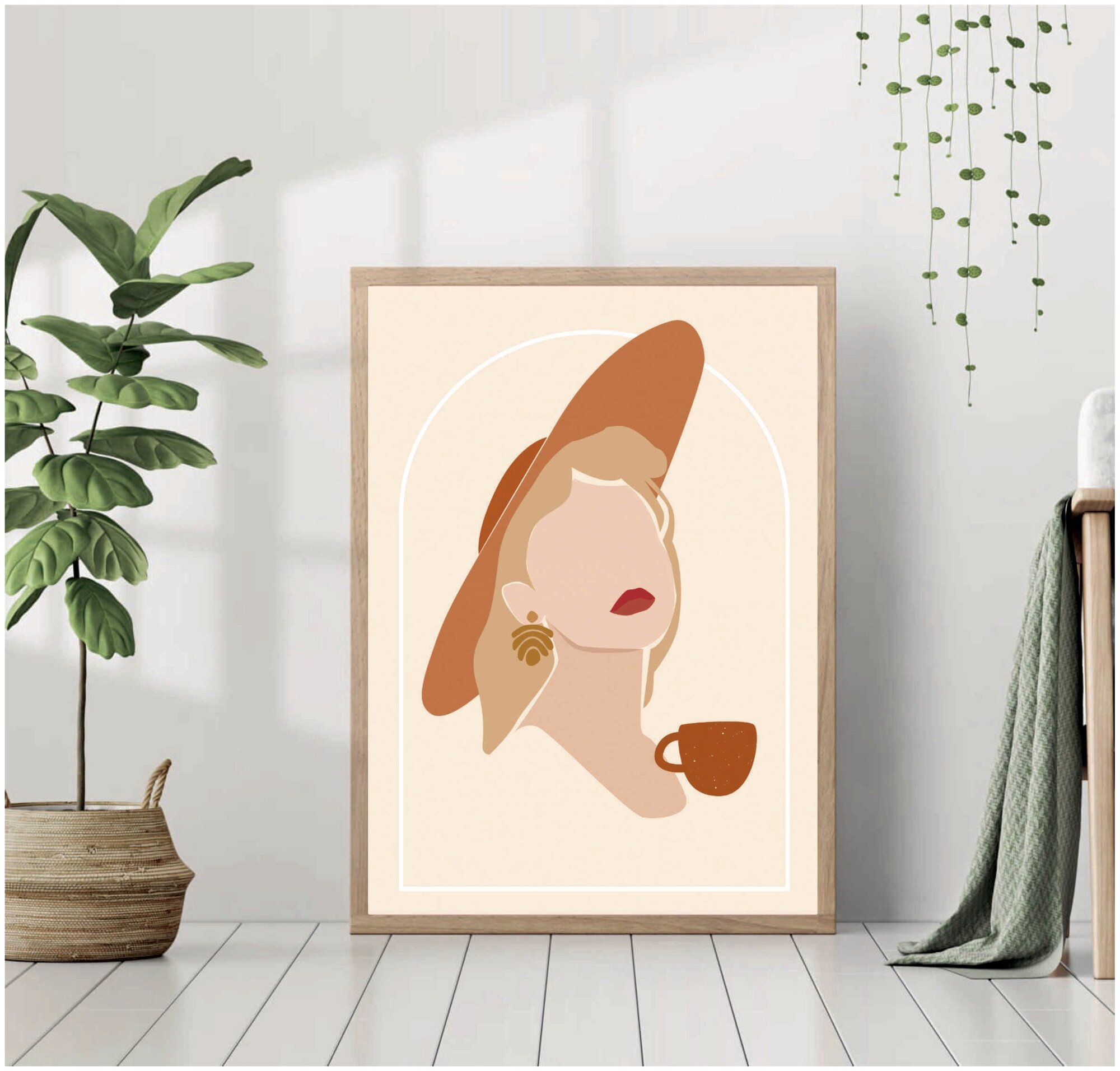 Постер "Дама в шляпе и чашка. Минимализм. Стиль бохо" 50x70 без рамки на стену для интерьера