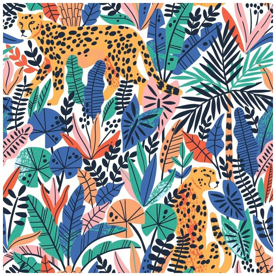 Фотообои Уютная стена "Гепарды в экзотических листьях" 270х270 см Бесшовные Премиум (единым полотном)