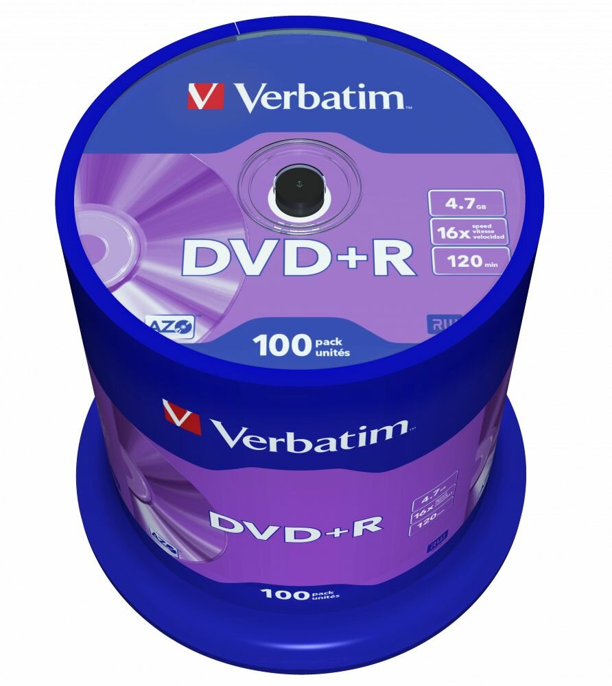 Оптические диски Verbatim DVD+R 4.7 ГБ 16X AZO серебристый матовый 100 шт. на шпинделе
