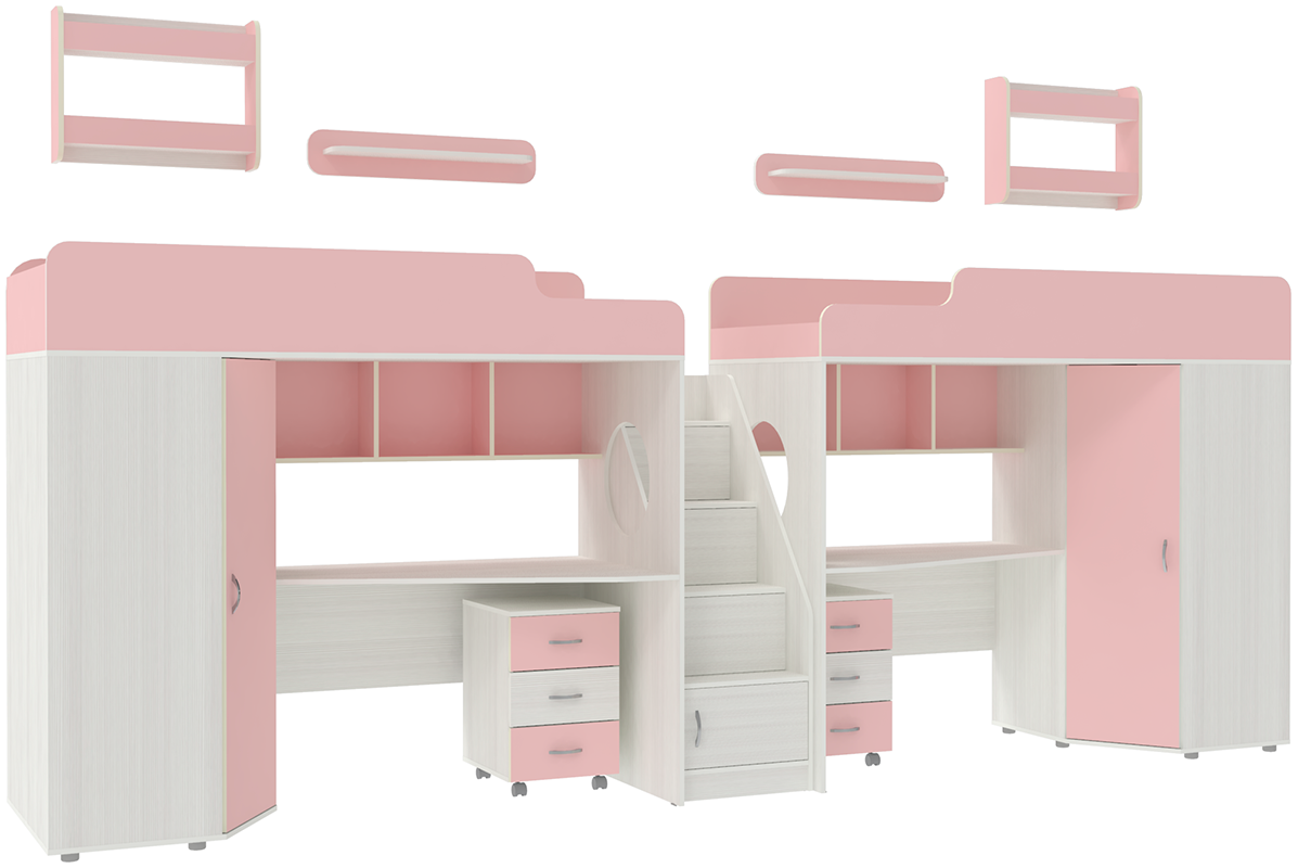 Детская стенка Л 14 с полками 80х190 Белое Дерево Розовый