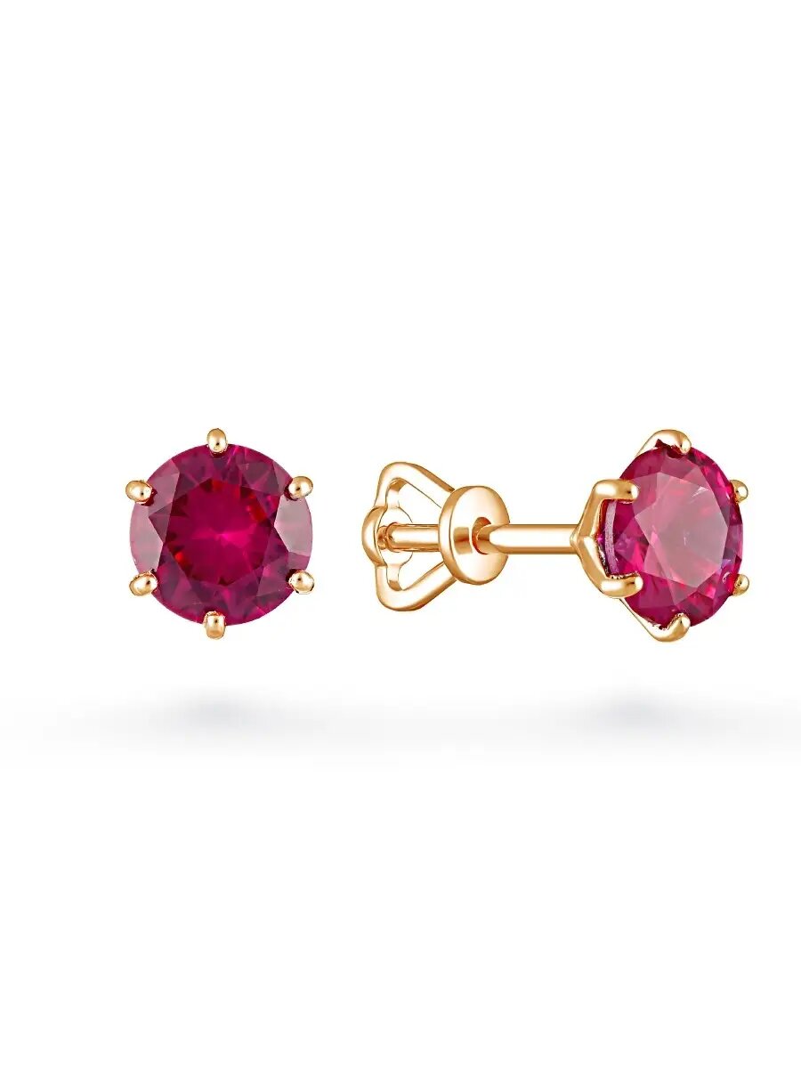 Серьги пусеты, красное золото, 585 проба, бриллиант, рубин