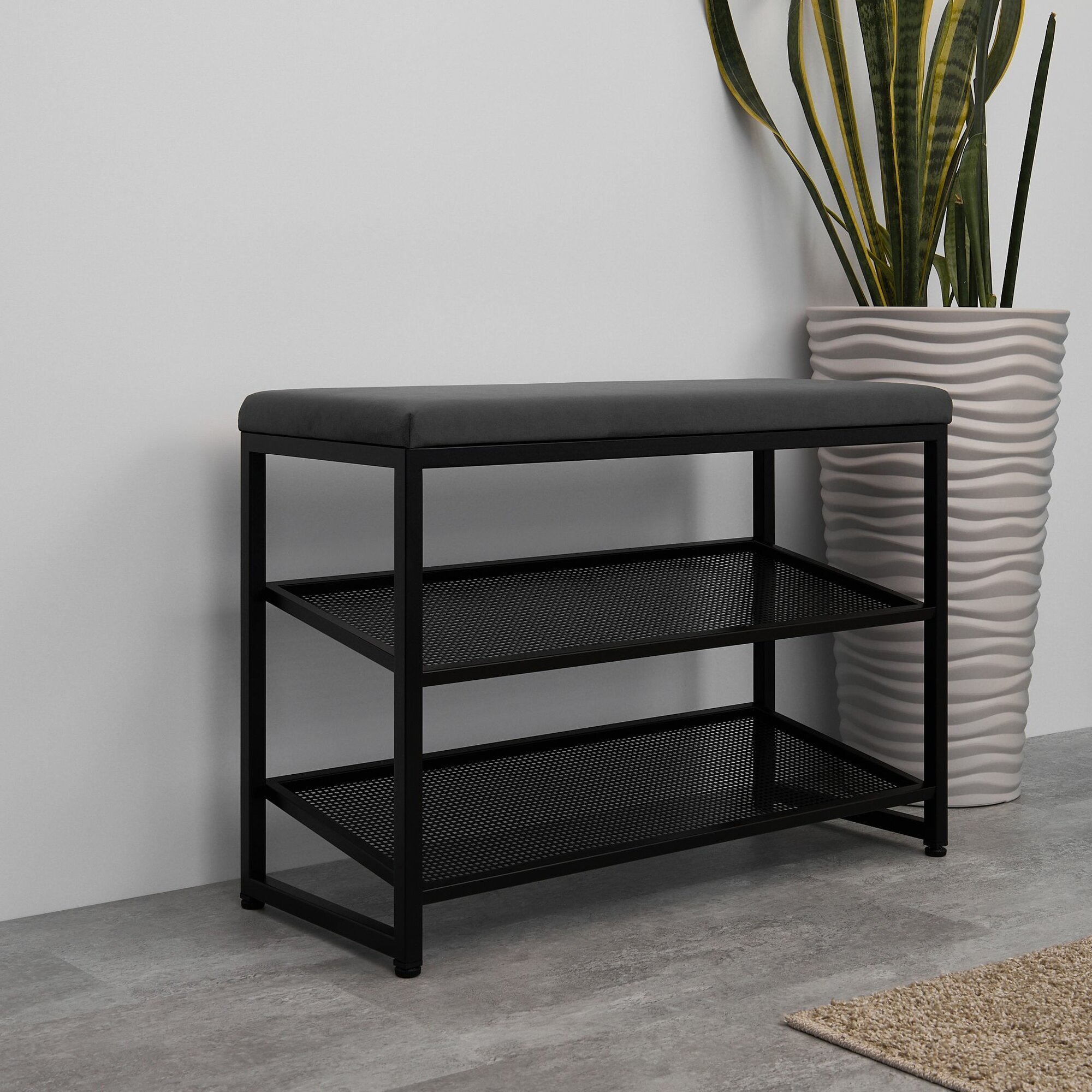 Обувница с мягким сиденьем "Дия" / 75х30х52см / черный каркас - графит велюр