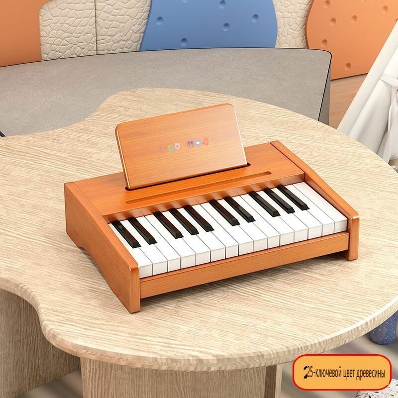 Детское деревянное пианино mini electronic piano 25-клавишное коричневое (бесплатные наклейки для клавиш + ноты + батарейка)
