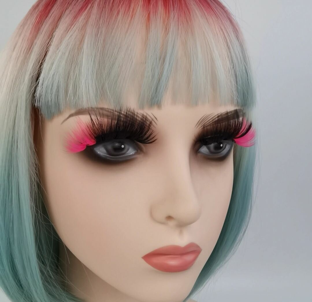 Ресницы накладные норковые лисий взгляд чёрные/розовые пучковые светятся в темноте UF