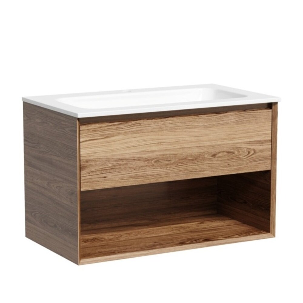 Тумба подвесная Sancos (Санкос) Marmi 1.0 790х445х520 c одним ящиком оснащенным доводчиками скрытого монтажа и открытой нишей, дуб чарльстон, (без раковины) (MR1.080ECH)