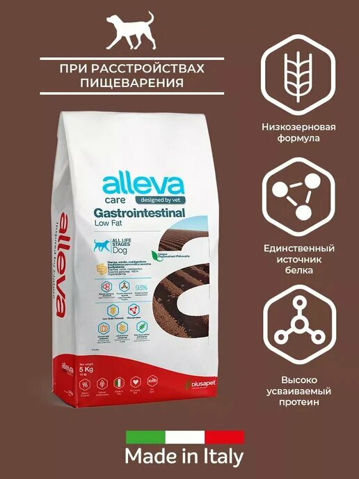 Alleva Care Dog Adult Gastrointestinal Low Fat сухой диетический корм для взрослых собак при расстройствах пищеварения - 5 кг