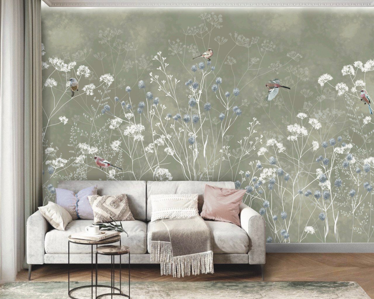 Фреска бесшовная "Птички Урагусы" бежевый холодный (ширина 3100мм х длина 2500мм)