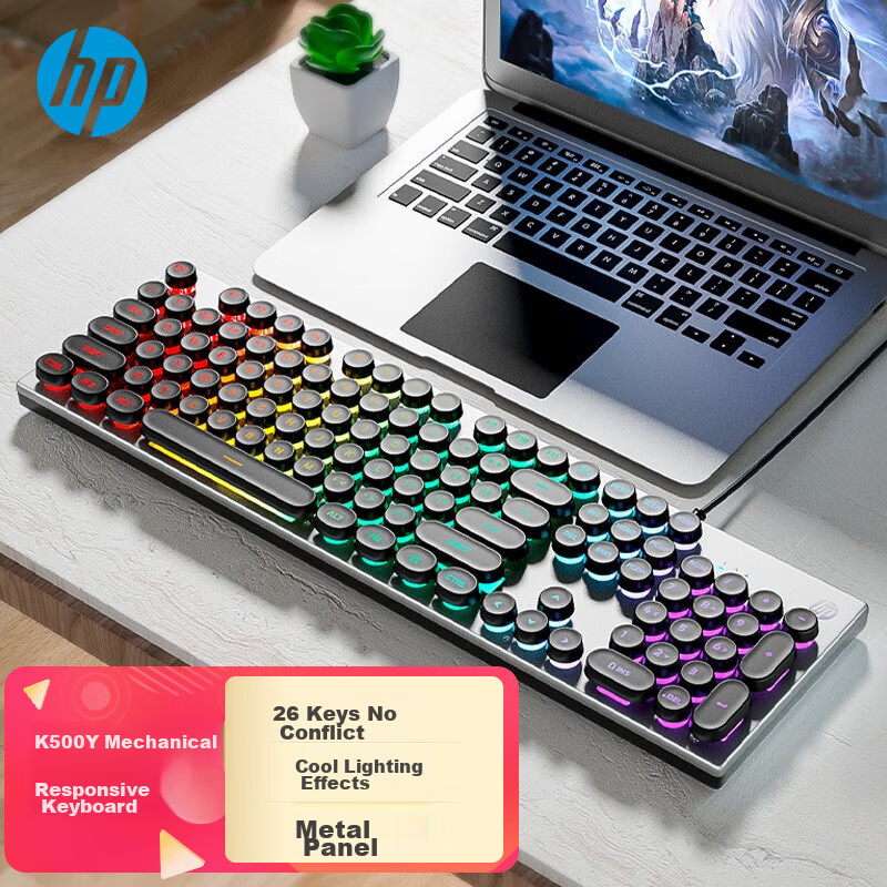 HP K500Y Mechanical Feel Keyboard, Punk Steam Retro Wired Gaming Keyboard for PUBG, Laptop Gaming LOL Office Keyboard, Black with RGB Backlit Round Keycaps