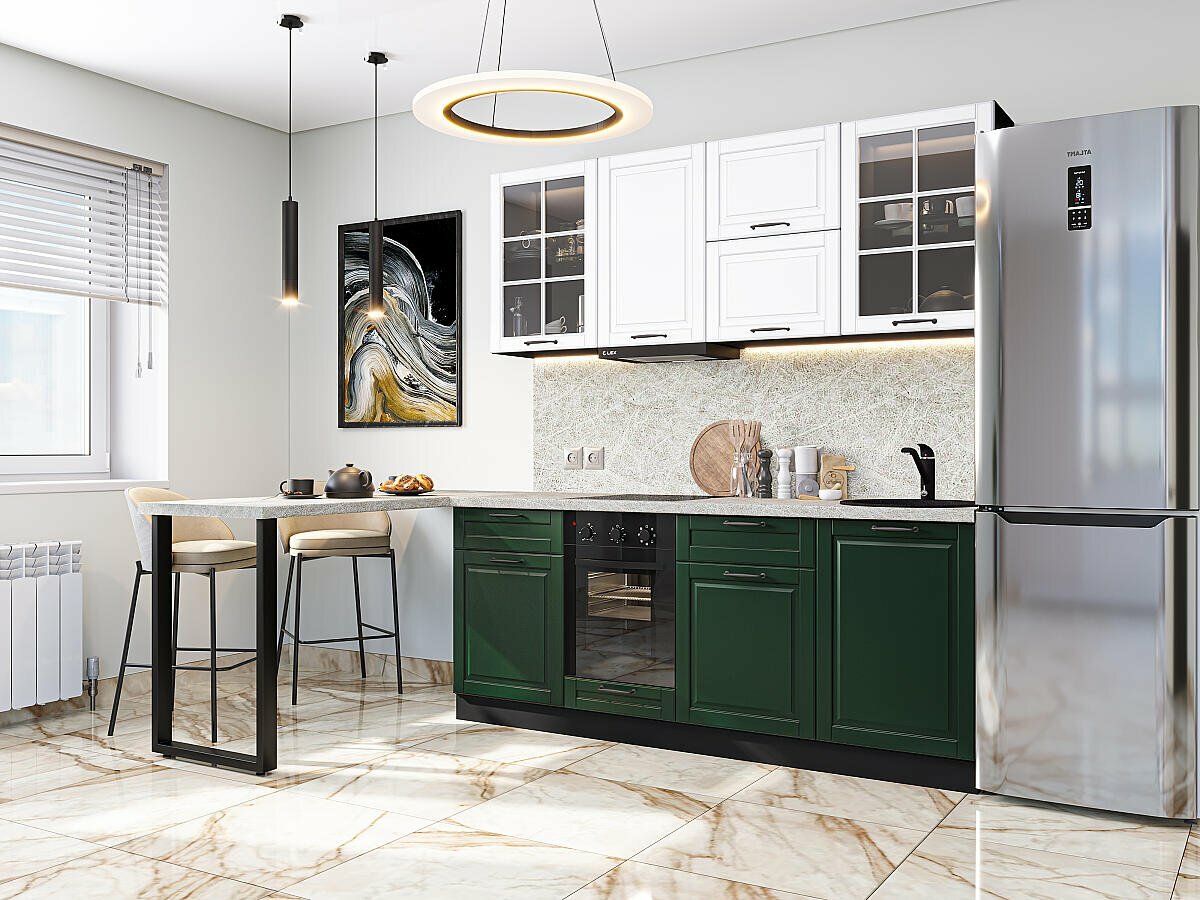 Кухня Дублин-03, цвет фасада Special White/Special Green, цвет каркаса Graphite, 2140*1950*600 мм