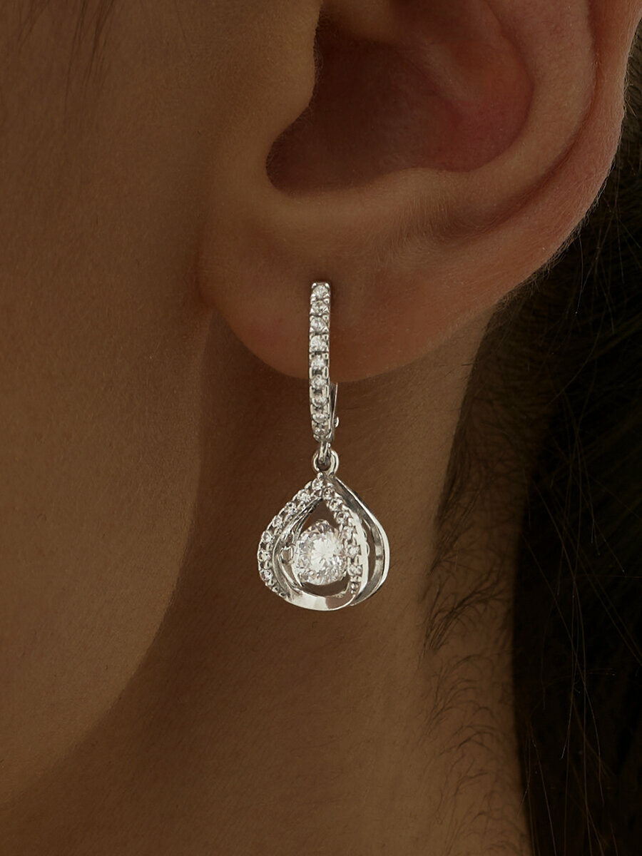 Серьги с подвесками, серебро, 925 проба, родирование, фианит