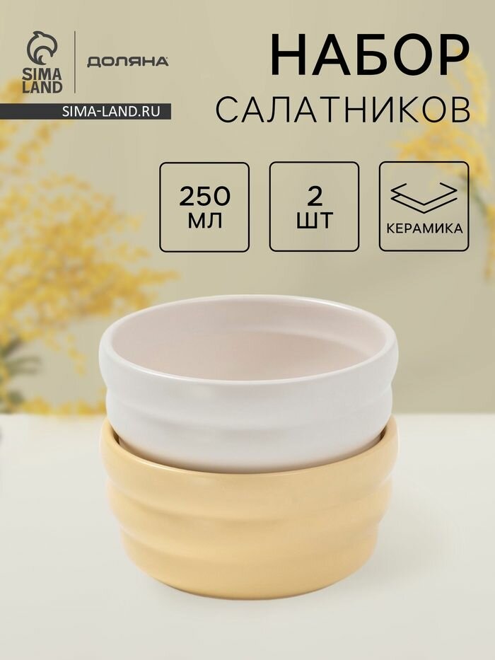 Салатники Доляна "Зефир", 250 мл, диаметр 11 см, керамика, белый, желтый, 2 шт