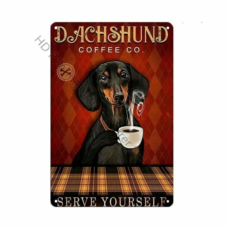 Табличка такса "Dachshund Coffee Co.", ретро стиль, металл, декор для интерьера, 20х30 см.