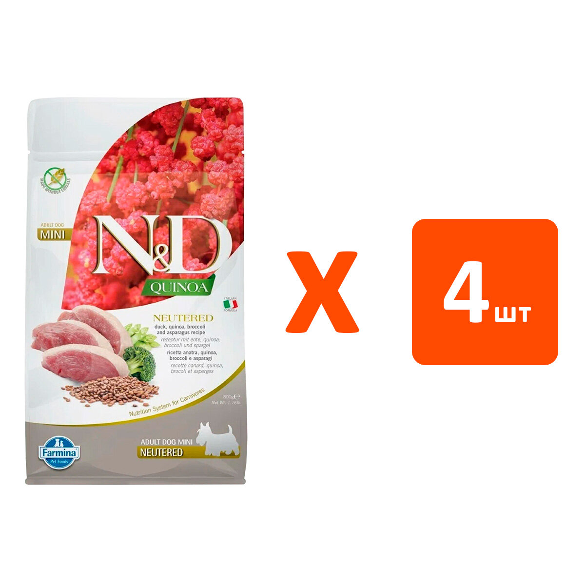 Корм сухой Farmina Dog N&D Quinoa Neutered Adult Mini Duck, Broccoli & Asparagus беззерновой для кастрированных и стерилизованных взрослых собак маленьких пород, утка, брокколи и спаржа, 0,8 кг х 4 шт