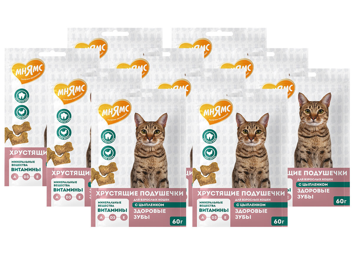Лакомство Мнямс Здоровые Зубы для кошек хрустящие подушечки, цыпленок, 60 г х 10 шт