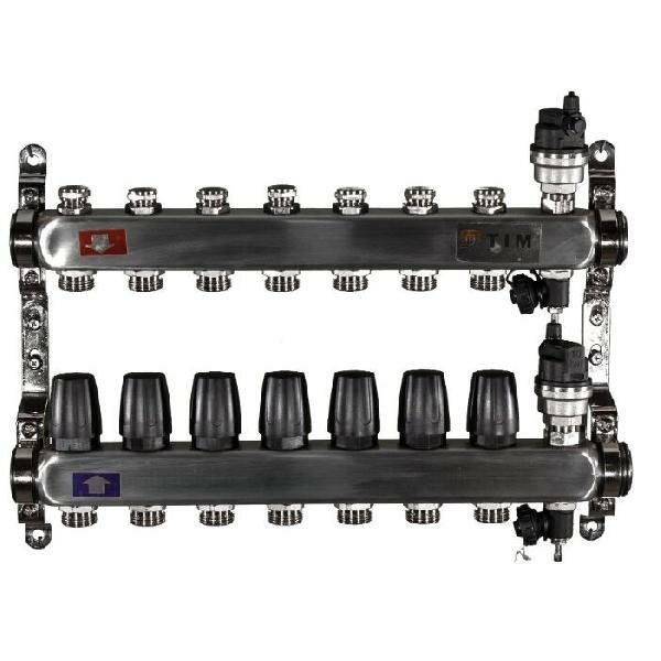 Коллекторная группа 1* на 7 выходов неравеющая квадрат TIM KBS5007 c кранами и воздухотводичками