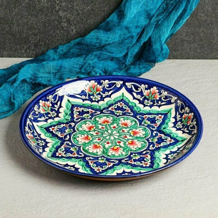 Ляган круглый "Узор", 36 см, синий, блюдо из керамики, узбекская посуда, тарелки для сервировки