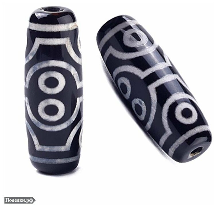 Бусина Дзи натуральный камень Агат черный с белым 8-глазая 0010824 цилиндр 30x12 мм, цена за 1 шт.