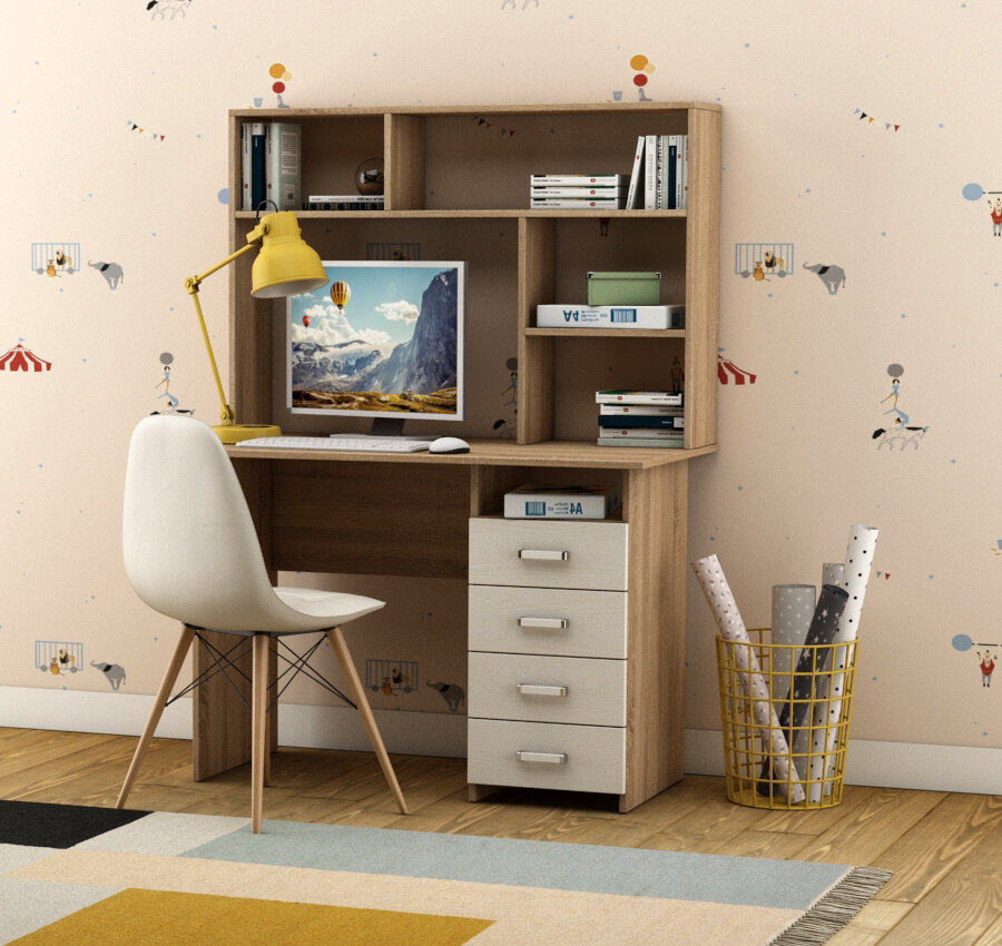 Стол письменный, стол компьютерный Лайт (Ньюкасл) 5 с надстройкой дуб сонома/белое дерево