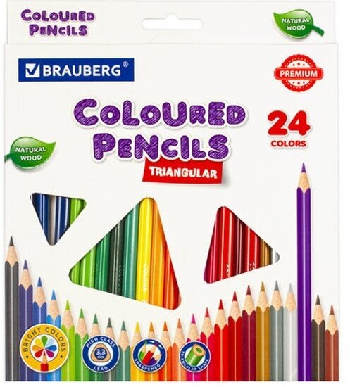 Карандаши цветные Brauberg PREMIUM, 24 цвета, трехгранные, грифель мягкий 3,3 мм