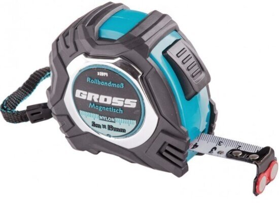 Рулетка Gross 32571, Magnetisch 5 м х 19 мм, обрезиненный корпус, автоматическая фиксация, нейлоновое покрытие, зацеп с магнитом
