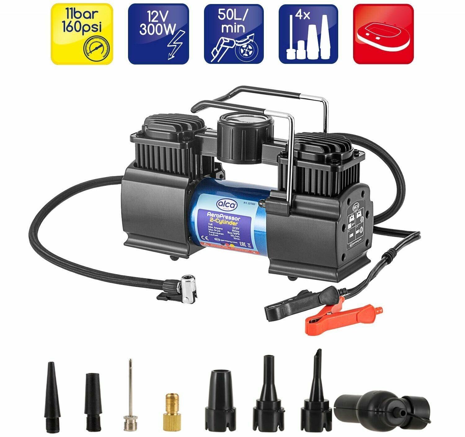 Компрессор автомобильный экстрамощный, 2 цилиндра, 50л/мин, 300Вт, ALCA