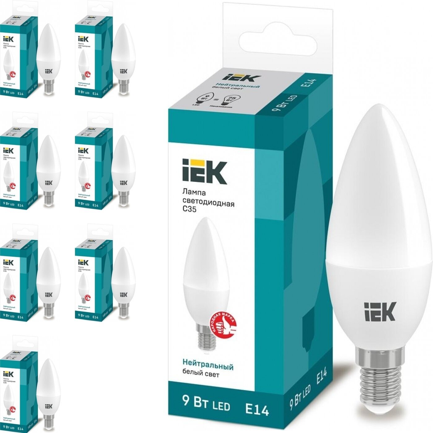 Светодиодная лампа IEK Eco 9W эквивалент 75W 4000K 810Лм E14 свеча (комплект из 7 шт.)