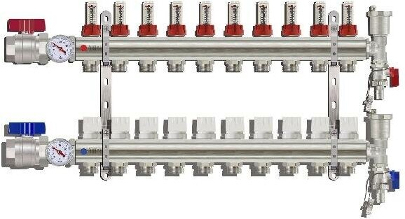 Kоллекторная группа 1* с расходомерами на 10 выходов латунь TIM KA010 c кранами и воздухоотводчиками