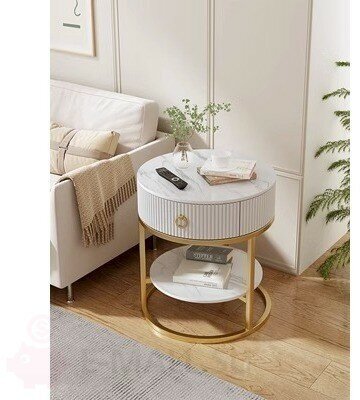 Прикроватная тумбочка круглая с выдвижным ящиком и столешницей из керамики (белый ребристый 45 см см с полкой)