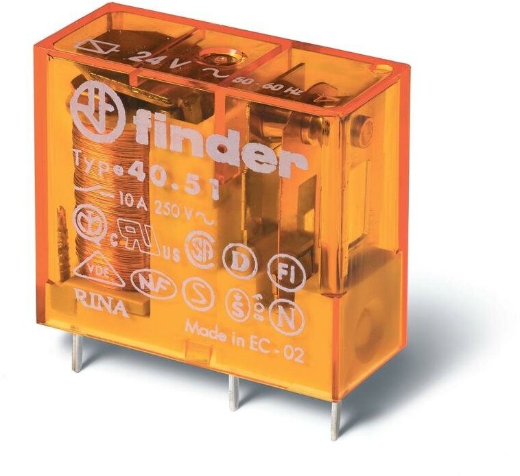Реле электромеханическое миниатюрное универсальное монтаж на печатную плату или в розетку выводы с шагом 5мм 1CO 10А AgNi 24В DC RTII FINDER 405190240000