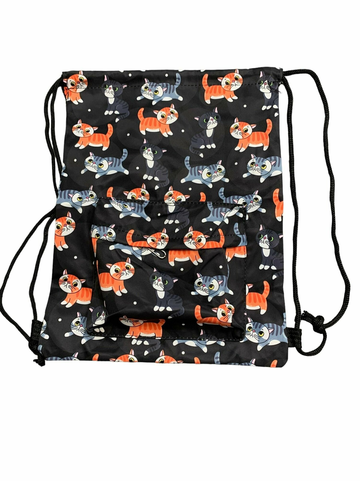 Сумка-мешок спортивная с внешним карманом на замке/для вещей, обуви, сменки/Черная с котиками