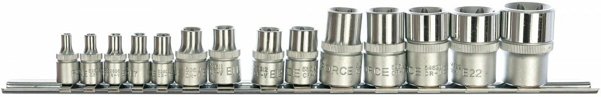 FORCE Набор головок 1/4"&3/8"&1/2" (Е4, Е5, Е6, Е7, Е8, Е10, Е11, Е12, Е14, Е16, Е18, Е20, Е22, Е24) 14пр. на дер F-4158