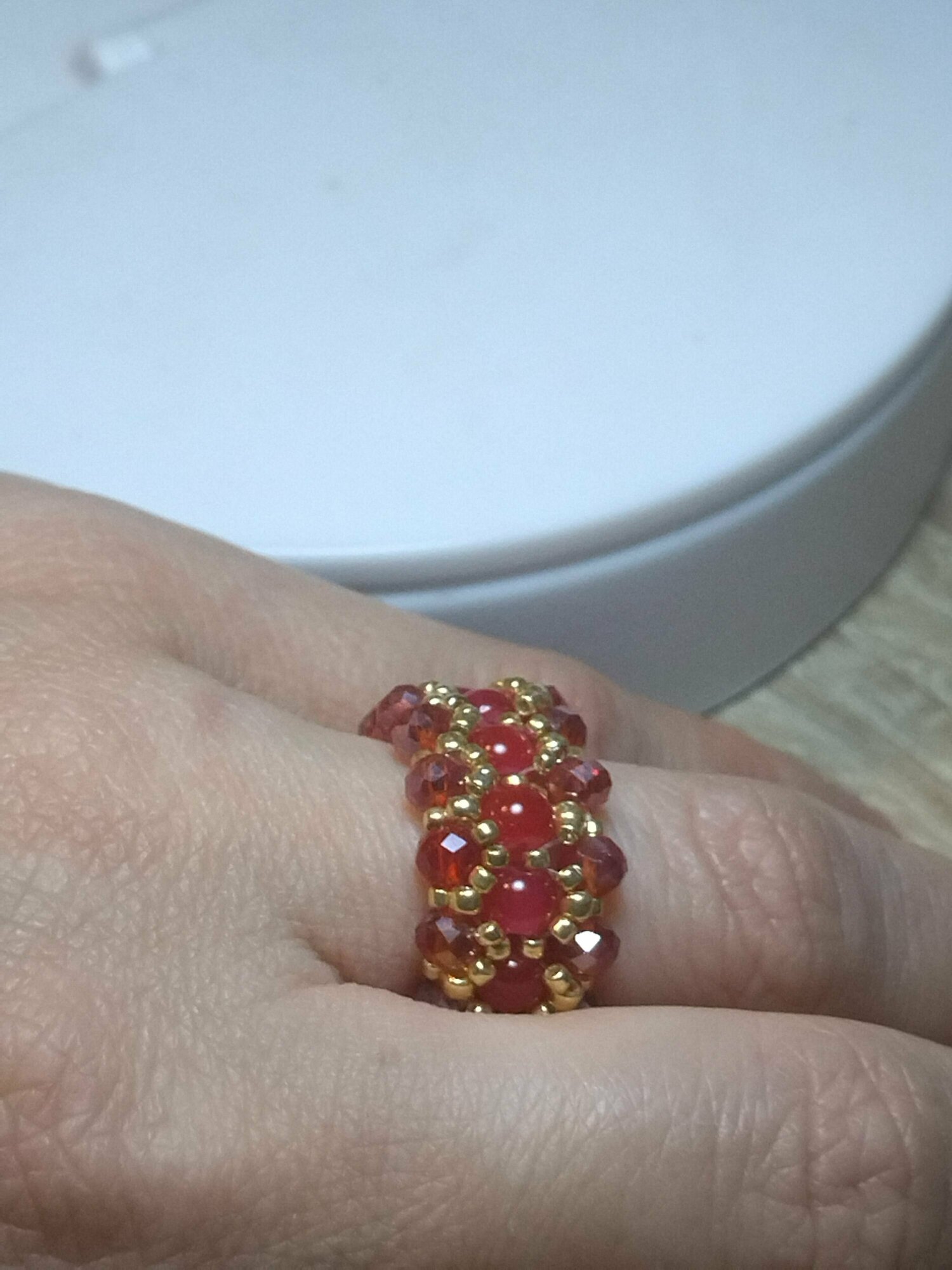 Кольцо плетеное, бисер, агат, стекло