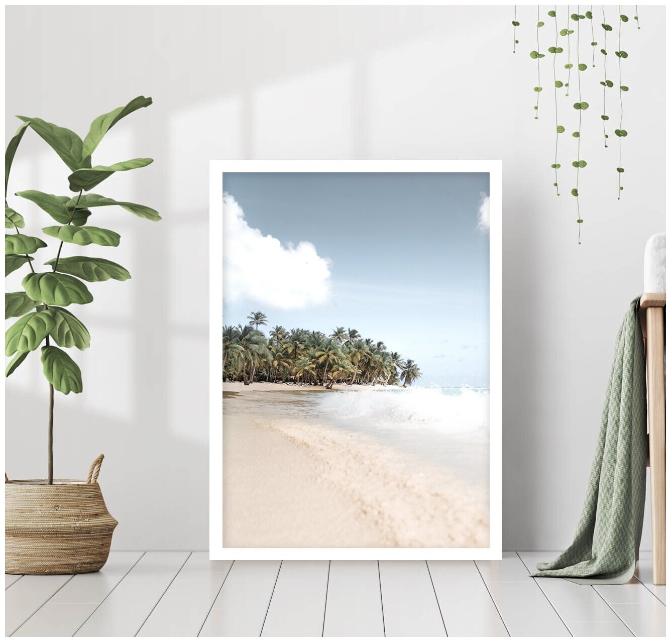 Постер "Белоснежный пляж Пунта-Кана" в белой рамке 50x70 см для интерьера на стену