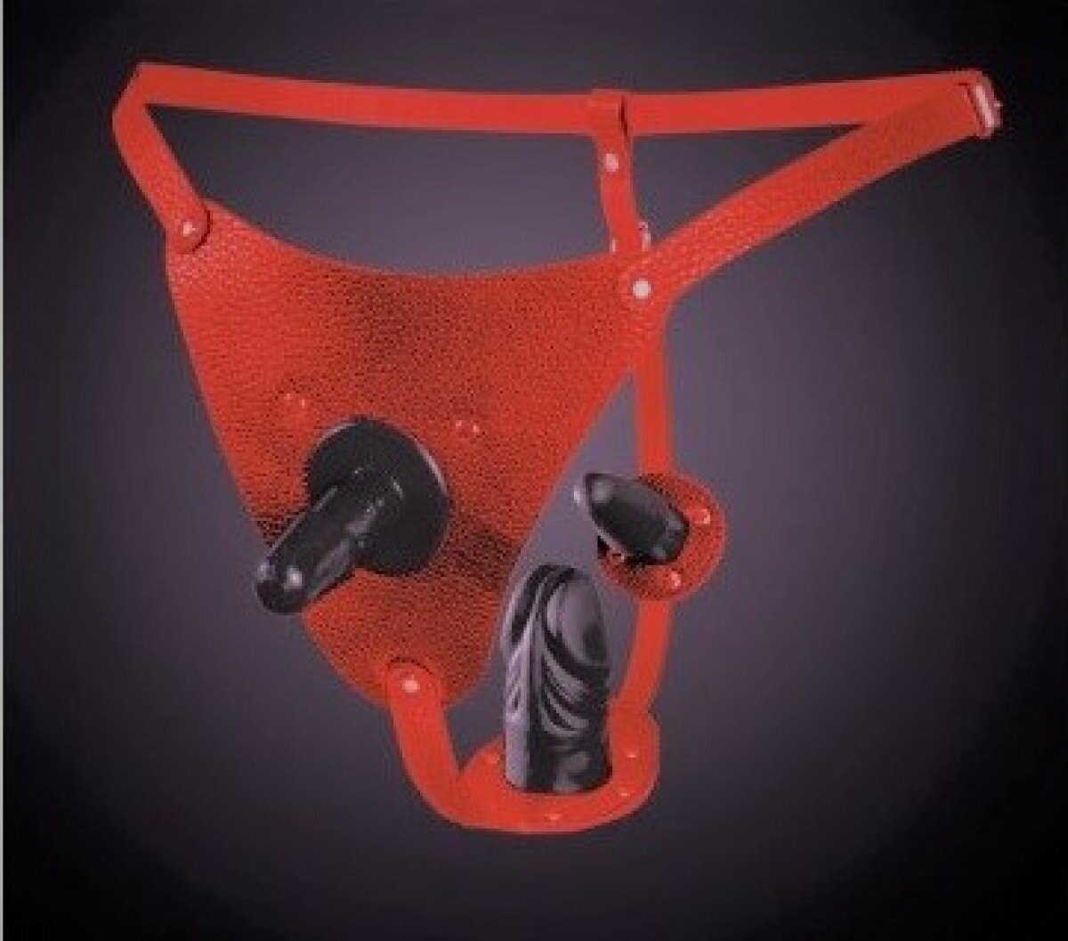 Красный страпон-трусики для тройного проникновения