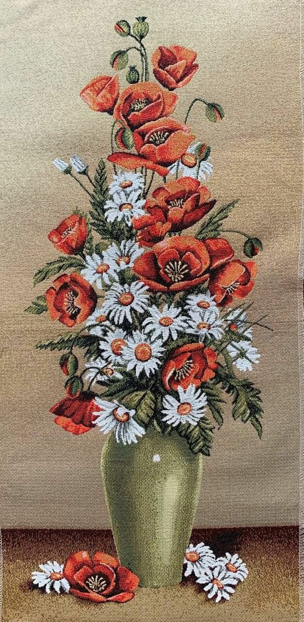 Гобелен, гобелен без рамы 33х67 см / "Букет. Маки и ромашки"
