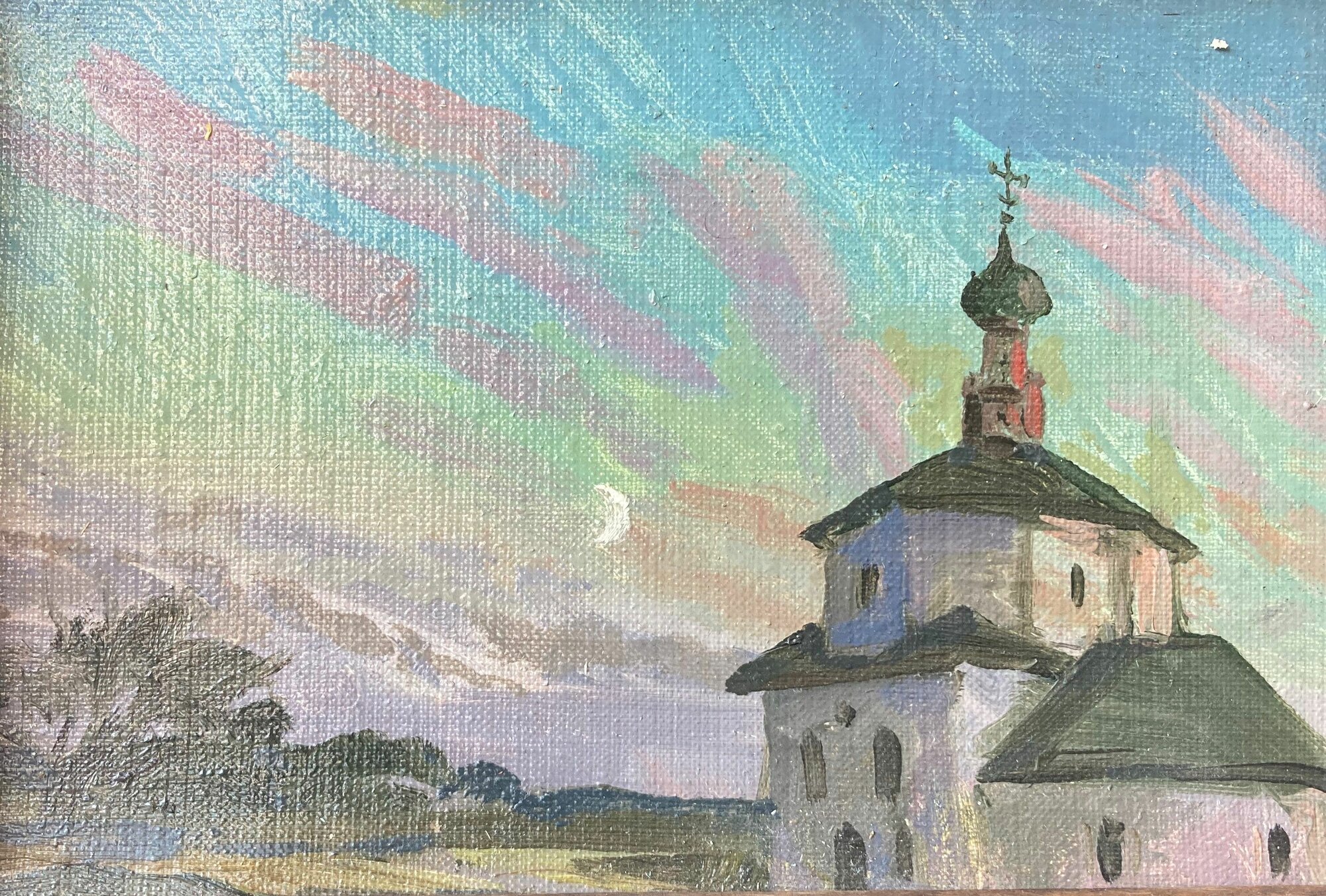 ART-Salon at Oktyabrskaya "Молодой месяц. Суздаль" 16х23 см, холст на картоне, масло; ручная работа