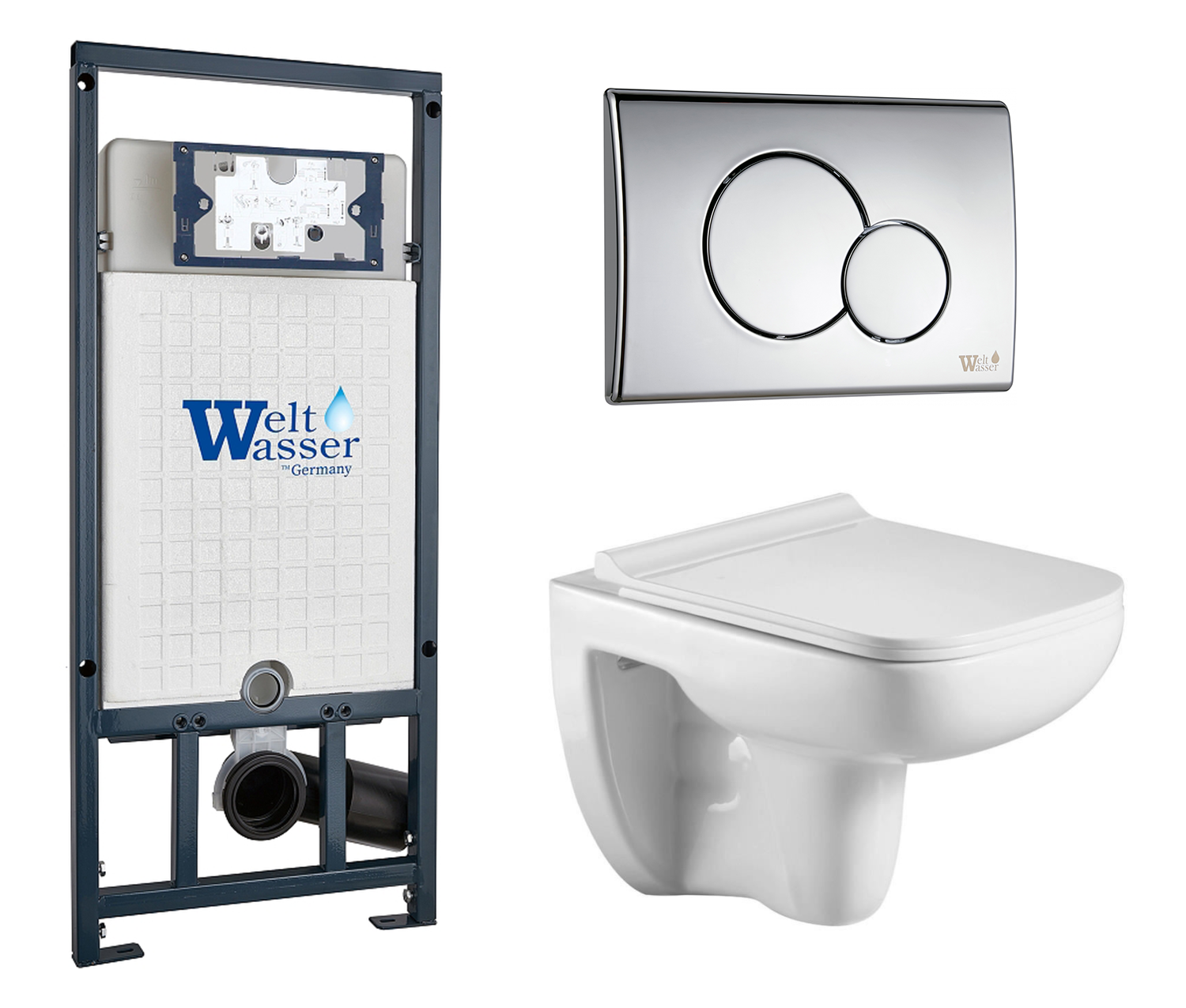 Комплект 3 в 1 инсталляция WeltWasser WW Marberg 507 + Подвесной унитаз WeltWasser Kehlbach 004 GL-WT с кнопкой хром RD 10000005949 + 10000003810 + 10000005952