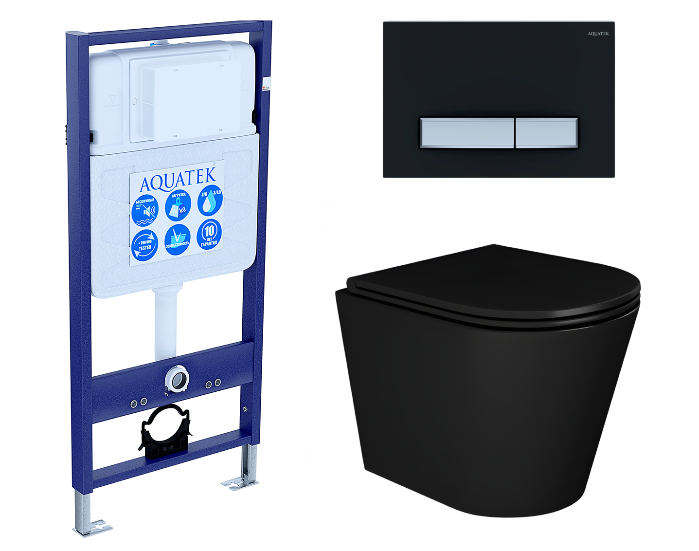 Комплект 3 в 1 инсталляция Акватек Standart 50 + Унитаз подвесной Enio Cento BL EN4280035 черный с кнопкой черной хром INS-0000012 + EN4280035 + KDI-0000031