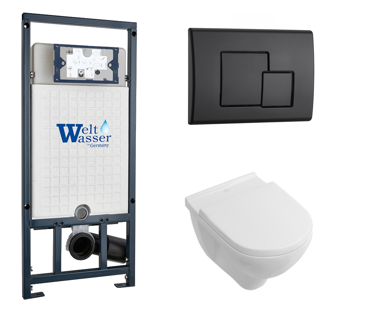Комплект 3 в 1 инсталляция WeltWasser WW Marberg 507 + Унитаз подвесной Villeroy & Boch O Novo Directflush с кнопкой черной SE 10000005949 + 10000010239 + 5660HR01