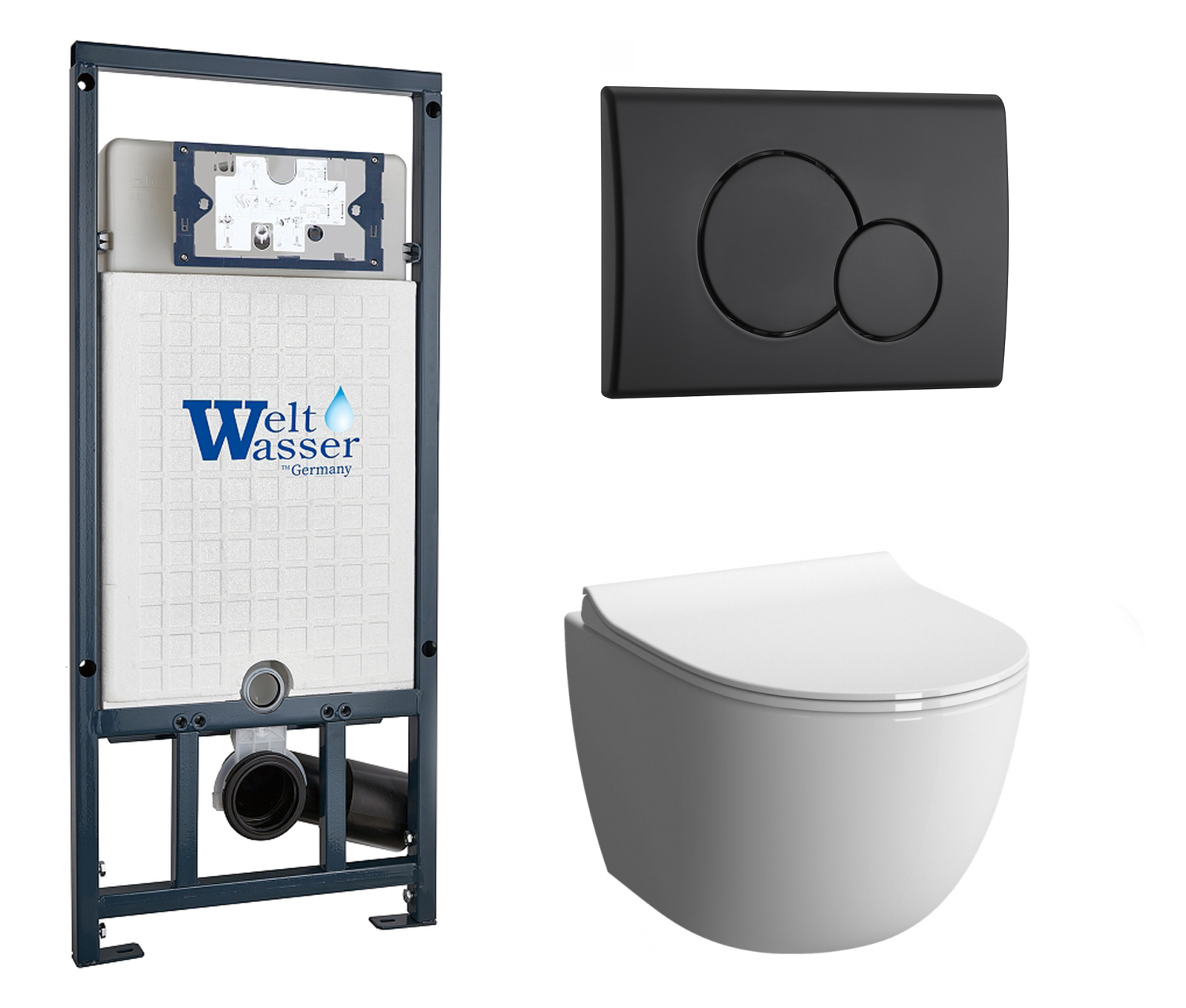 Комплект 3 в 1 инсталляция WeltWasser WW Marberg 507 + Унитаз подвесной VitrA Sento 7748В003-0075 с кнопкой черной RD 10000005949 + 10000010238 + 7748B003-0075 + 130-003-009