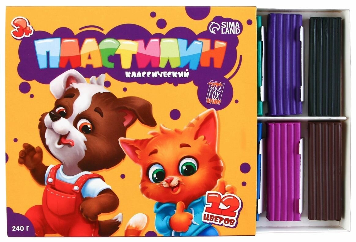 Пластилин для детей классический, набор для лепки, аппликации и детского творчества, 12 цветов, 240 г