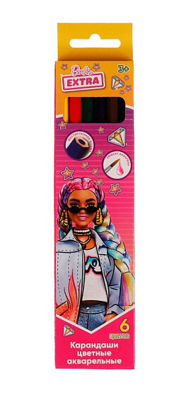 Цветные карандаши барби 6цв, акварельн, barbie extra