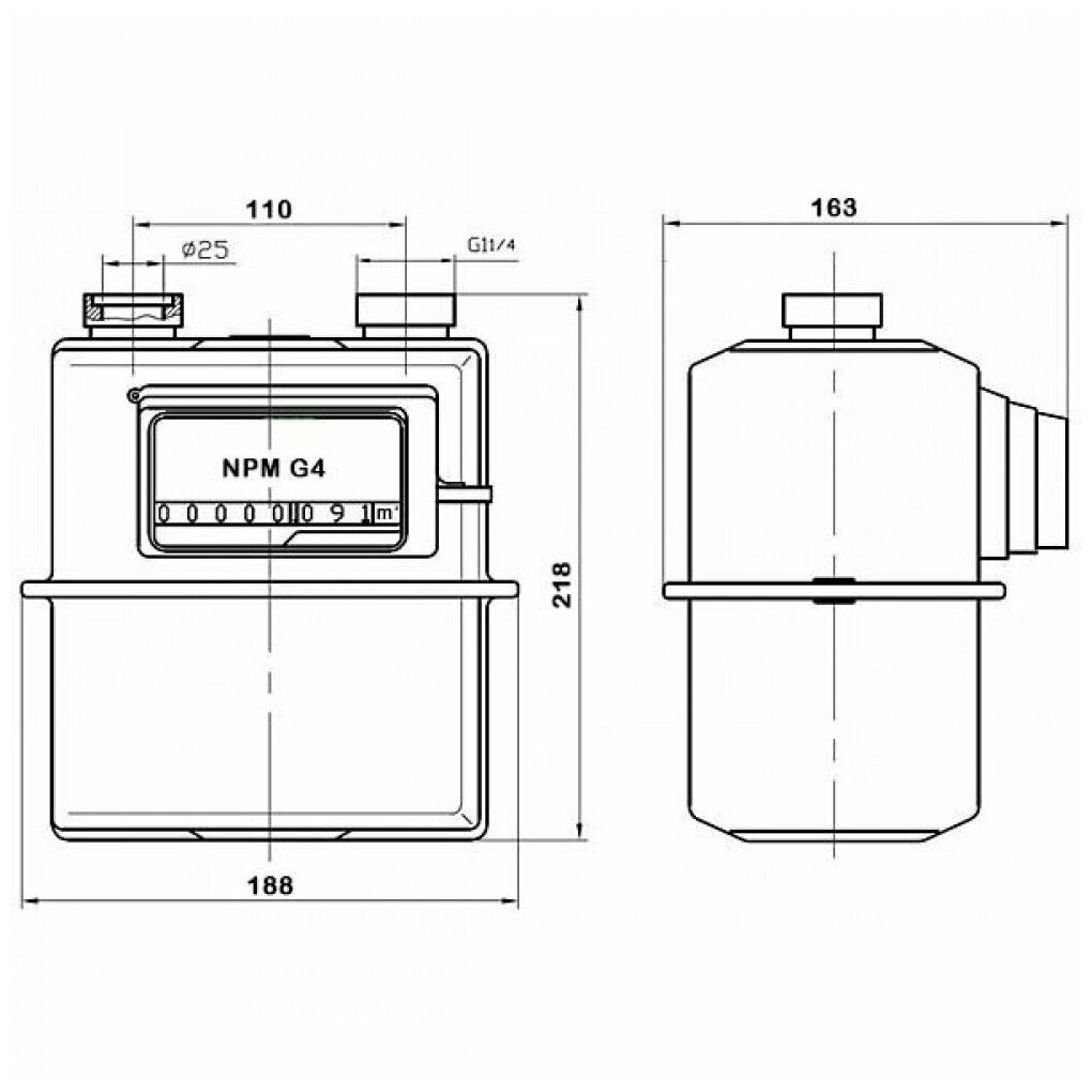 Счетчик газа бытовой Газдевайс NPM-G4 (110мм, резьба 1 1/4", вход газа слева-направо, 2021 г. в.)
